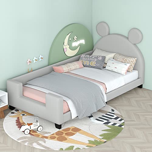 Twin Size Kids Upholstered Bed with Carton Ears Shaped Headboard,Children Twin Platform Bed Frame with PU leather，Cute Wooden Single Bed for Girls Boys, No Box Spring Needed , Grey