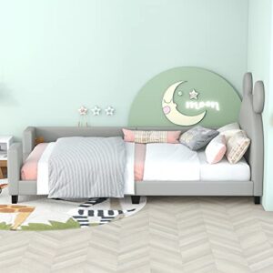 Twin Size Kids Upholstered Bed with Carton Ears Shaped Headboard,Children Twin Platform Bed Frame with PU leather，Cute Wooden Single Bed for Girls Boys, No Box Spring Needed , Grey