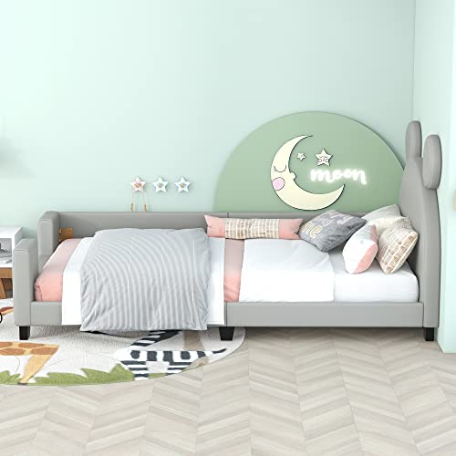 Twin Size Kids Upholstered Bed with Carton Ears Shaped Headboard,Children Twin Platform Bed Frame with PU leather，Cute Wooden Single Bed for Girls Boys, No Box Spring Needed , Grey