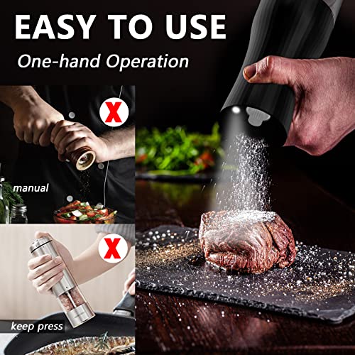 Upgraded Electric Salt and Pepper Grinder Set -140ml Large Capacity - USB Rechargeable - One Handed Operation - White Light - Adjustable Coarseness Automatic Electronic Spice Mill Shakers Refillable