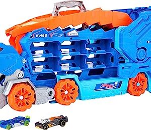 Hot Wheels City Ultimate Hauler, Transforms into Stomping T-Rex with Race Track, Lights and Sounds, Toy Storage for 20+ 1:64 Scale Cars