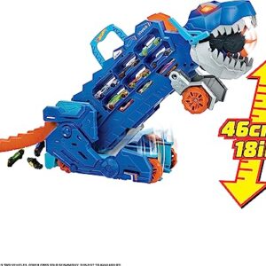 Hot Wheels City Ultimate Hauler, Transforms into Stomping T-Rex with Race Track, Lights and Sounds, Toy Storage for 20+ 1:64 Scale Cars