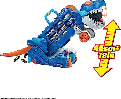 Hot Wheels City Ultimate Hauler, Transforms into Stomping T-Rex with Race Track, Lights and Sounds, Toy Storage for 20+ 1:64 Scale Cars