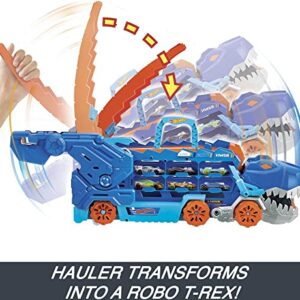 Hot Wheels City Ultimate Hauler, Transforms into Stomping T-Rex with Race Track, Lights and Sounds, Toy Storage for 20+ 1:64 Scale Cars