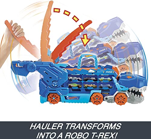 Hot Wheels City Ultimate Hauler, Transforms into Stomping T-Rex with Race Track, Lights and Sounds, Toy Storage for 20+ 1:64 Scale Cars