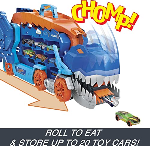 Hot Wheels City Ultimate Hauler, Transforms into Stomping T-Rex with Race Track, Lights and Sounds, Toy Storage for 20+ 1:64 Scale Cars