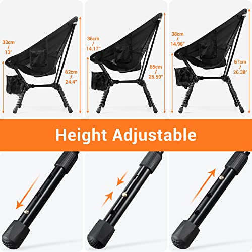 Sportneer Portable Folding Outdoor Camping Chair Adjustable Height Lightweight Camp Chairs for Adults Foldable Compact Backpacking Collapsible Chair for Camping Hiking Picnic Outside (2, Black)