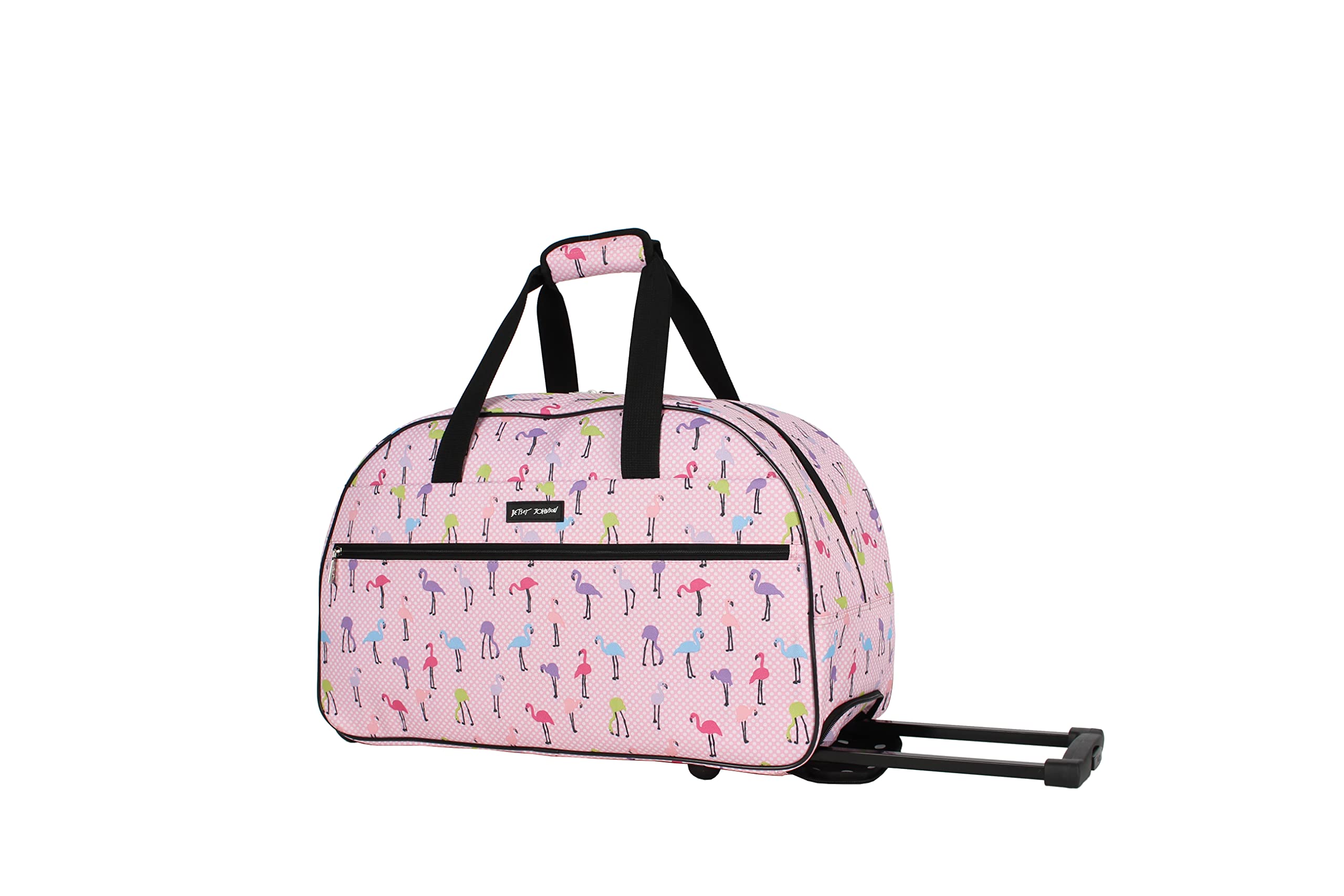 Betsey Johnson Designer Carry On Luggage Collection - Lightweight Pattern 22 Inch Duffel Bag- Weekender Overnight Business Travel Suitcase with 2- Rolling Spinner Wheels (Colorful Flamingo)