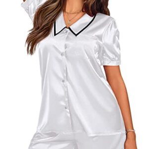 Ekouaer Silk Pajamas for Women Cute Doll Collar Preppy Pjs Short Sleeve Lounge Set Classic Button Down Pjs Shorts Set Two Piece Pajamas Set White XX-Large