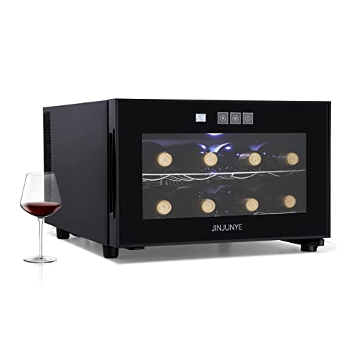 JINJUNYE Wine Cooler Refrigerator, 8 Bottle Wine Fridge Small, Countertop Wine Cooler with Digital Temperature Control, Mini Freestanding Wine Cellars Glass Door, Gift for Men Father