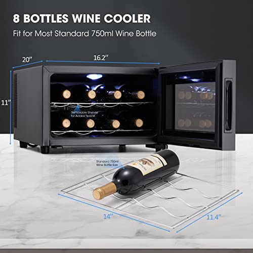 JINJUNYE Wine Cooler Refrigerator, 8 Bottle Wine Fridge Small, Countertop Wine Cooler with Digital Temperature Control, Mini Freestanding Wine Cellars Glass Door, Gift for Men Father