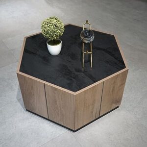 LKTART Hexagonal Rural Style Garden Retro Wood Coffee Table Cocktail Table with 2 Drawers Reception and Living Room Textured Grey Warm Oak