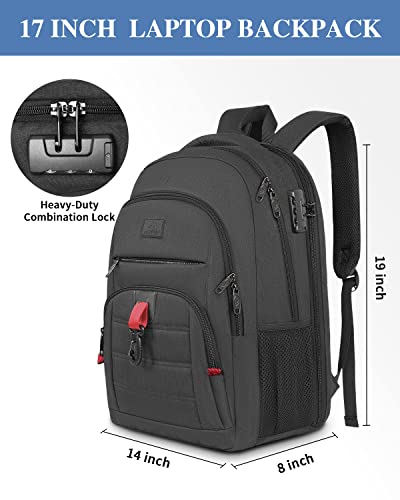 Anti Theft Travel Backpack for Men, 17 Inch Laptop Backpack with USB Charging Port & Lock, Large TSA Water Resistant Lockable Lightweight Casual Daypack College Business Work Computer Bag, Black