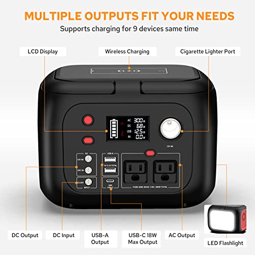 Portable Power Station With Wireless Charging 300W Portable Solar Generator 228Wh Portable Power Supply With LED Light Power Generator 9 Outputs Portable Charging Station for Outdoor Camping Emergency