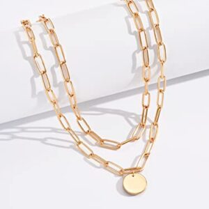 GORGLITTER Women's Round Pendant Layered Necklace Paperclip Chain Necklaces Gold One Size