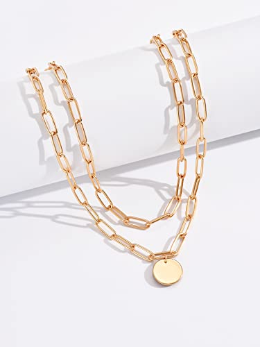 GORGLITTER Women's Round Pendant Layered Necklace Paperclip Chain Necklaces Gold One Size