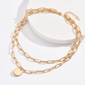 GORGLITTER Women's Round Pendant Layered Necklace Paperclip Chain Necklaces Gold One Size