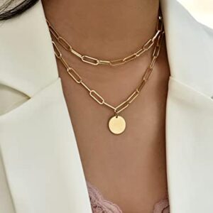 GORGLITTER Women's Round Pendant Layered Necklace Paperclip Chain Necklaces Gold One Size