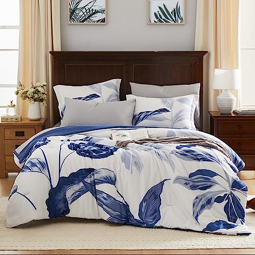 WRENSONGE Floral Duvet Cover Queen, 3 Pcs Navy Blue Flowers and Leaves Printed Comforter Cover with Zipper Corner Ties, Microfiber Duvet Cover Bedding Set for All Season, Soft, Breathable, Durable