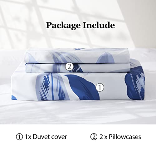 WRENSONGE Floral Duvet Cover Queen, 3 Pcs Navy Blue Flowers and Leaves Printed Comforter Cover with Zipper Corner Ties, Microfiber Duvet Cover Bedding Set for All Season, Soft, Breathable, Durable