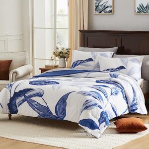 WRENSONGE Floral Duvet Cover Queen, 3 Pcs Navy Blue Flowers and Leaves Printed Comforter Cover with Zipper Corner Ties, Microfiber Duvet Cover Bedding Set for All Season, Soft, Breathable, Durable