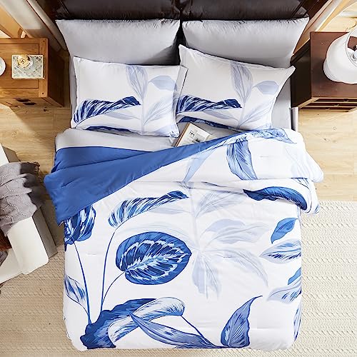 WRENSONGE Floral Duvet Cover Queen, 3 Pcs Navy Blue Flowers and Leaves Printed Comforter Cover with Zipper Corner Ties, Microfiber Duvet Cover Bedding Set for All Season, Soft, Breathable, Durable