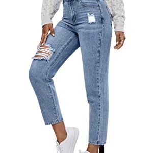 WDIRARA Women's High Waisted Ripped Jeans Distressed Tapered Stretchy Denim Pants Light Wash L