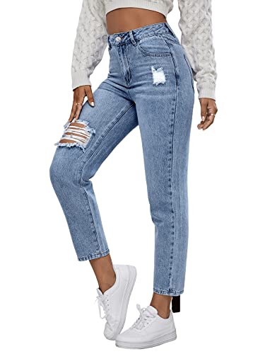 WDIRARA Women's High Waisted Ripped Jeans Distressed Tapered Stretchy Denim Pants Light Wash L