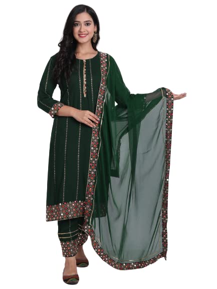 Trend Matters Indian Women's Green Rayon Kurta Pant And Dupatta Set