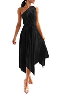 prettygarden women's summer long satin dress one shoulder sleeveless ruched twist flowy maxi dresses (black,small)