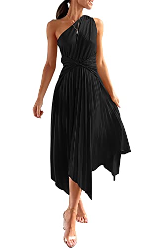 PRETTYGARDEN Women's Summer Long Satin Dress One Shoulder Sleeveless Ruched Twist Flowy Maxi Dresses (Black,Small)