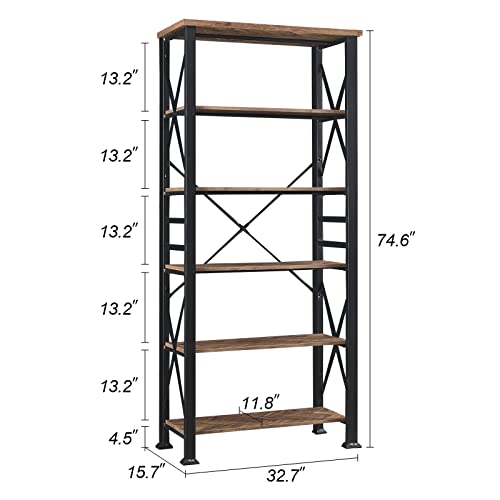 HOMBAZAAR Bookshelf, 6-Tier Industrial Bookshelves, Wood and Metal Bookcase,Free Standing Storage Small Modern Bookshelf for Living Room, Bedroom and Home Office，Brown