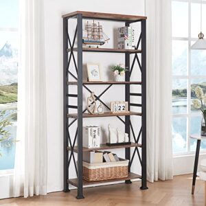 HOMBAZAAR Bookshelf, 6-Tier Industrial Bookshelves, Wood and Metal Bookcase,Free Standing Storage Small Modern Bookshelf for Living Room, Bedroom and Home Office，Brown