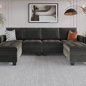 Belffin Velvet U Shaped Sectional Sofa Couch with Storage Ottoman Convertibel Sectional Sofa with Reversible Chaises Grey