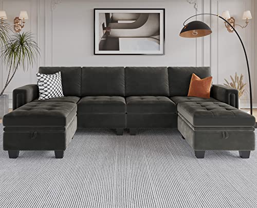 Belffin Velvet U Shaped Sectional Sofa Couch with Storage Ottoman Convertibel Sectional Sofa with Reversible Chaises Grey