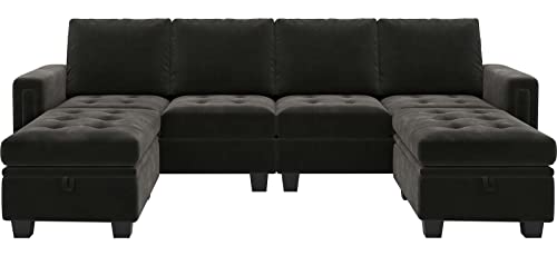 Belffin Velvet U Shaped Sectional Sofa Couch with Storage Ottoman Convertibel Sectional Sofa with Reversible Chaises Grey