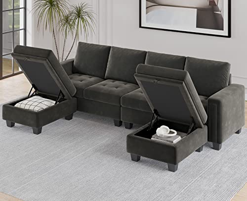 Belffin Velvet U Shaped Sectional Sofa Couch with Storage Ottoman Convertibel Sectional Sofa with Reversible Chaises Grey