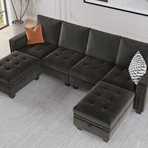 Belffin Velvet U Shaped Sectional Sofa Couch with Storage Ottoman Convertibel Sectional Sofa with Reversible Chaises Grey