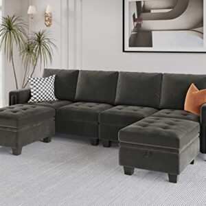 Belffin Velvet U Shaped Sectional Sofa Couch with Storage Ottoman Convertibel Sectional Sofa with Reversible Chaises Grey