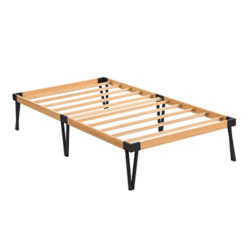 HW COMFORT 14 Inch Twin Solid Bamboo and Metal Platform Bed Frame/Bamboo Wood Slat Support/No Box Spring Needed/Easy Assembly, Natural & Black