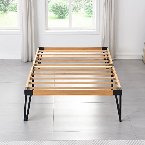 HW COMFORT 14 Inch Twin Solid Bamboo and Metal Platform Bed Frame/Bamboo Wood Slat Support/No Box Spring Needed/Easy Assembly, Natural & Black