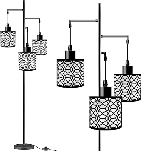 AIGOTEK Dimmable Industrial Floor Lamp with 3-Lights Black Farmhouse Floor Lamps for Living Room, Modern Tall Standing Lamp with Birdcage Shades & Base for Bedroom, Office