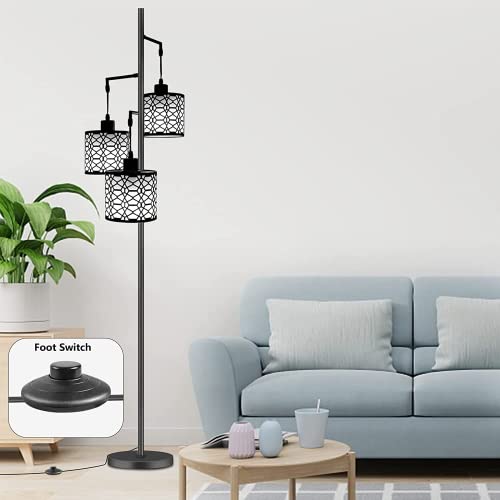 AIGOTEK Dimmable Industrial Floor Lamp with 3-Lights Black Farmhouse Floor Lamps for Living Room, Modern Tall Standing Lamp with Birdcage Shades & Base for Bedroom, Office