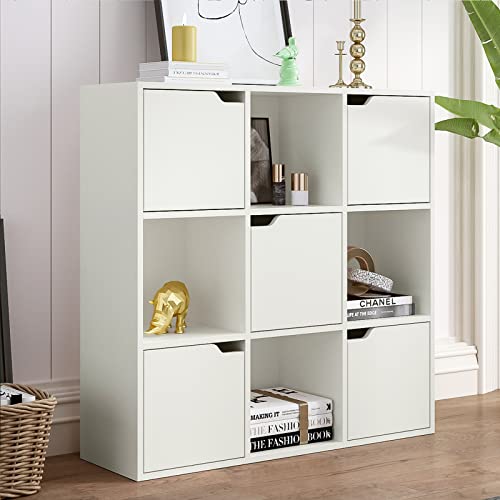 OSCHF 9-Cube Storage Shelf Bookcase - Wooden 3-Tier Floor Standing Open Bookshelf with Doors for Home and Office, Display Cabinet, Warm White