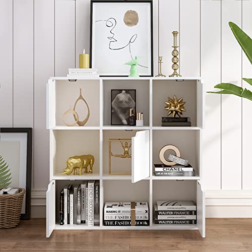 OSCHF 9-Cube Storage Shelf Bookcase - Wooden 3-Tier Floor Standing Open Bookshelf with Doors for Home and Office, Display Cabinet, Warm White