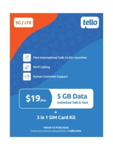 tello mobile phone plan | $19/month - unlimited talk & text + 5gb | bring your own phone kit | 3 in 1 sim card included | nation-wide 4g lte/5g coverage