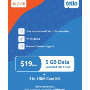 Tello Mobile Phone Plan | $19/Month - Unlimited Talk & Text + 5GB | Bring Your Own Phone Kit | 3 in 1 SIM Card Included | Nation-Wide 4G LTE/5G Coverage