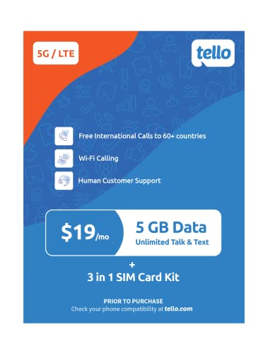 Tello Mobile Phone Plan | $19/Month - Unlimited Talk & Text + 5GB | Bring Your Own Phone Kit | 3 in 1 SIM Card Included | Nation-Wide 4G LTE/5G Coverage