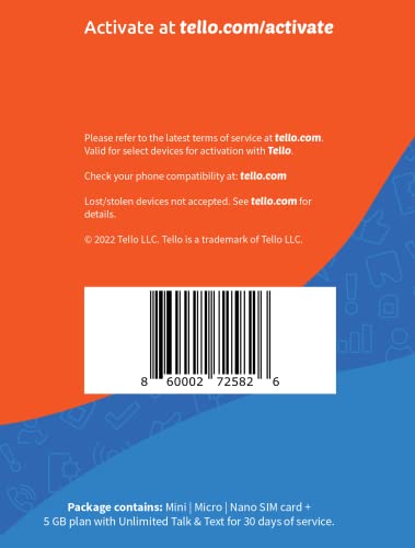 Tello Mobile Phone Plan | $19/Month - Unlimited Talk & Text + 5GB | Bring Your Own Phone Kit | 3 in 1 SIM Card Included | Nation-Wide 4G LTE/5G Coverage