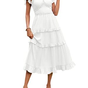 MEROKEETY Womens Summer Casual V Neck Ruffle Sleeve High Waist Smocked Flowy Midi Dress, White, M